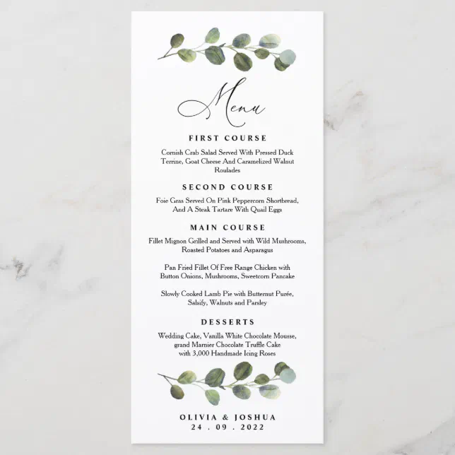 Eucalyptus Wedding Menu, Greenery Wedding Menu | Zazzle