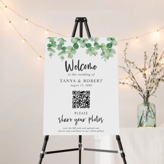 Eucalyptus Wedding Photo Album QR Code Welcome Foam Board | Zazzle