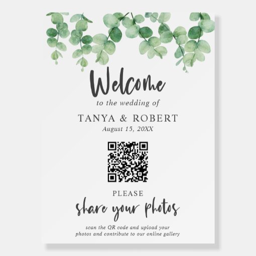 Eucalyptus Wedding Photo Album QR Code Welcome Foam Board | Zazzle