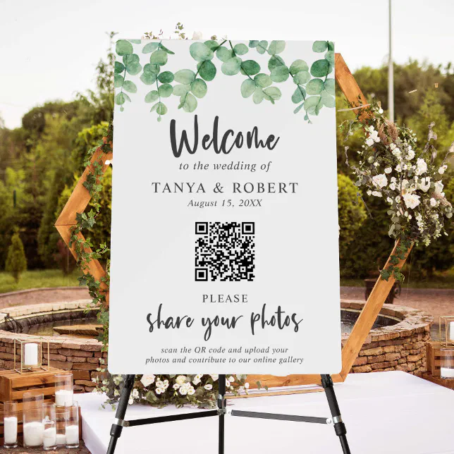 Eucalyptus Wedding Photo Album Qr Code Welcome Foam Board Zazzle