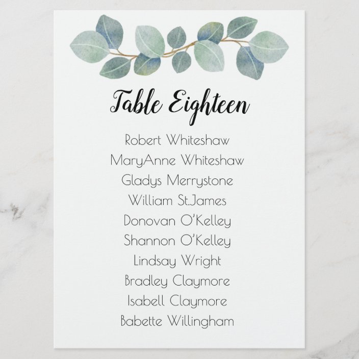 Eucalyptus Wedding Seating Table Number Names List | Zazzle.com