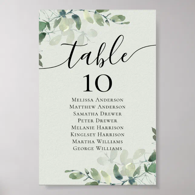 Eucalyptus Wedding Table Chart Table Number | Zazzle