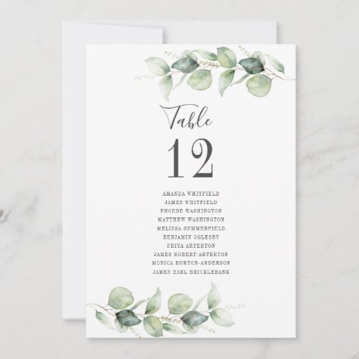 Eucalyptus Wedding Table Number with Guest Names | Zazzle