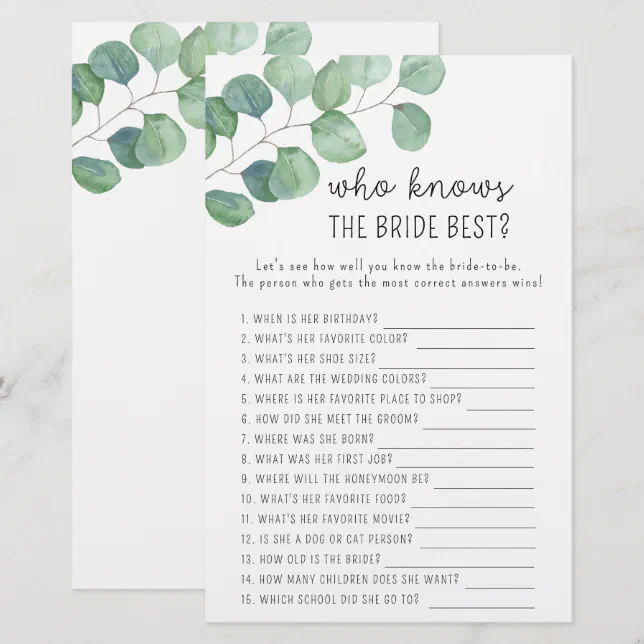 Eucalyptus - Who knows the bride best game | Zazzle