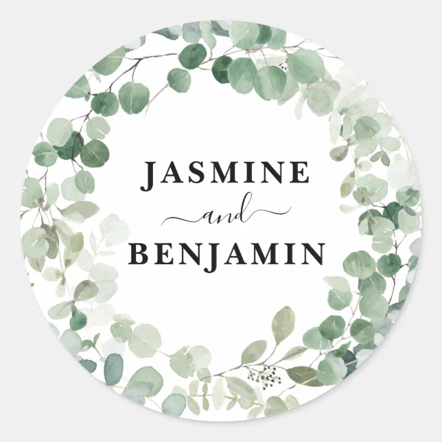 Eucalyptus Wreath Greenery Personalized Wedding Classic Round Sticker ...