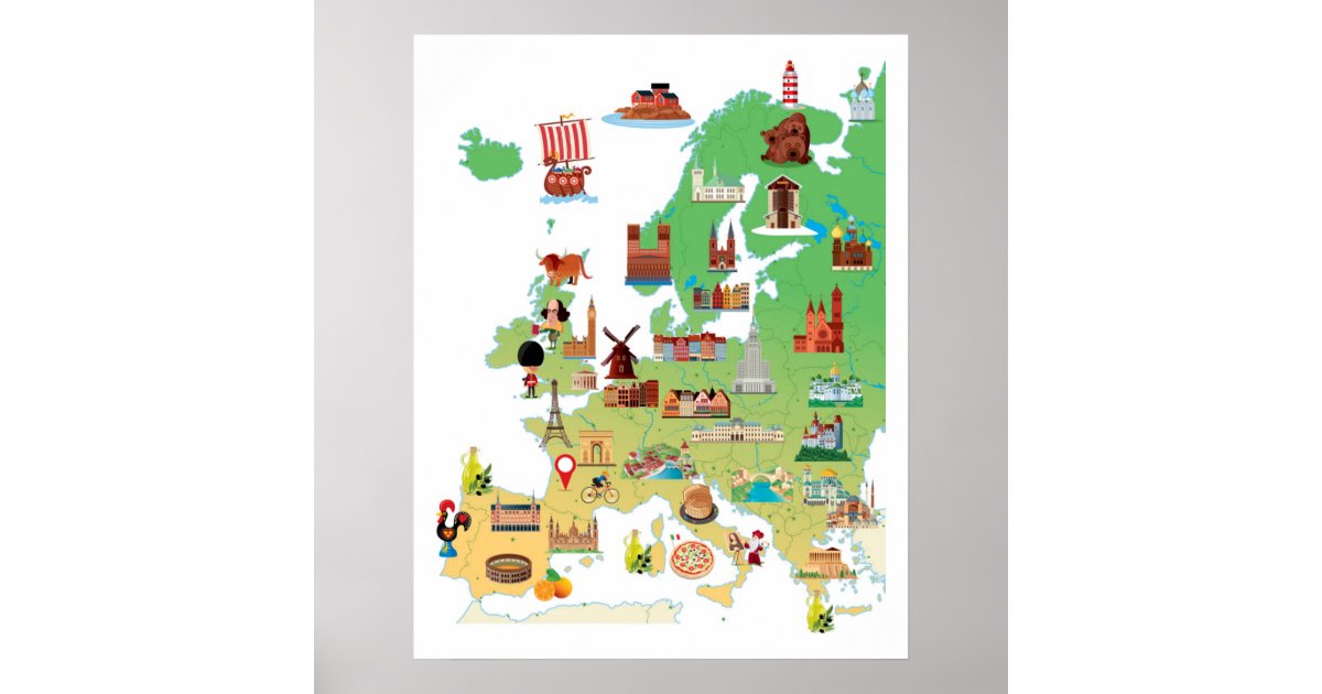 Europe Cartoon Map Poster | Zazzle