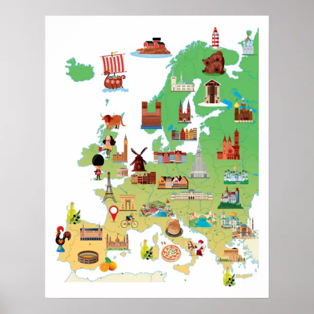 Europe Cartoon Map Poster | Zazzle