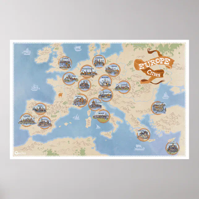 Europe map with vintage cities - Poster Paper | Zazzle
