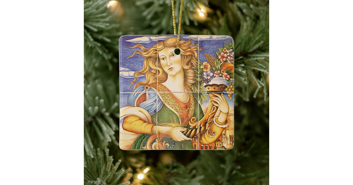 European Spanish Tile Woman Cornucopia Mosaic Ceramic Ornament | Zazzle