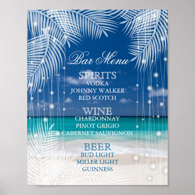 Evening Beach Wedding - Bar Menu Poster | Zazzle