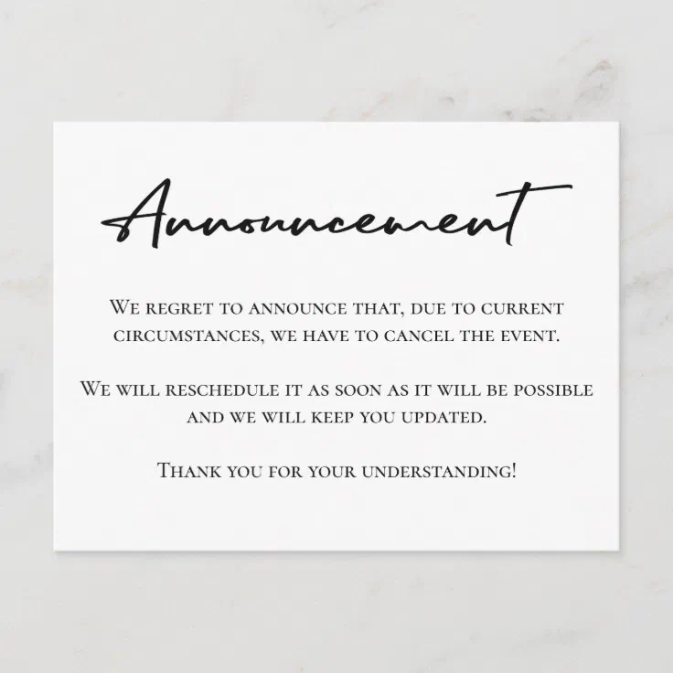 Event cancellation black and white announcement postcard | Zazzle