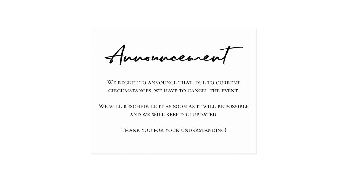Event cancellation black and white announcement postcard | Zazzle.com