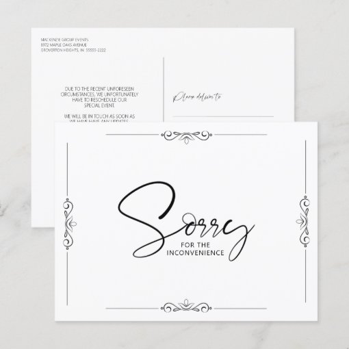 Event Cancellation or Postponement Black SORRY Announcement Postcard ...