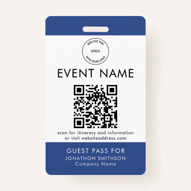 Event Logo QR Code Guest Pass Name Blue White Badge | Zazzle