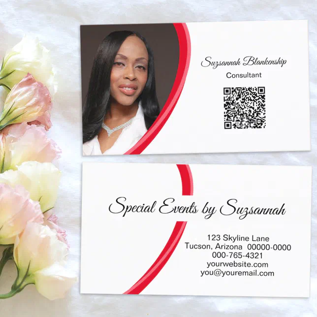 Event Planner Red White Custom Photo QR Code Business Card | Zazzle