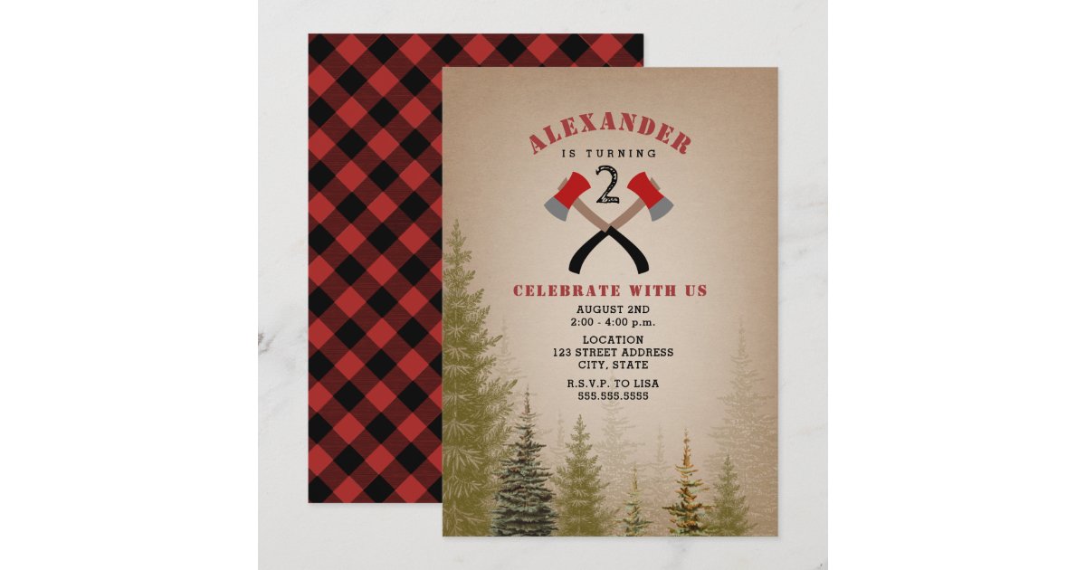 Evergreen Buffalo Plaid Axe Lumberjack Birthday Invitation | Zazzle.com