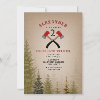 Evergreen Buffalo Plaid Axe Lumberjack Birthday Invitation | Zazzle