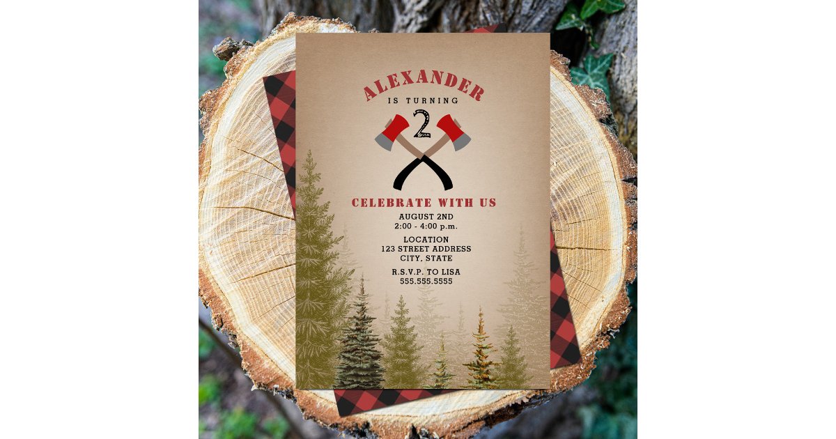 Evergreen Buffalo Plaid Axe Lumberjack Birthday Invitation | Zazzle