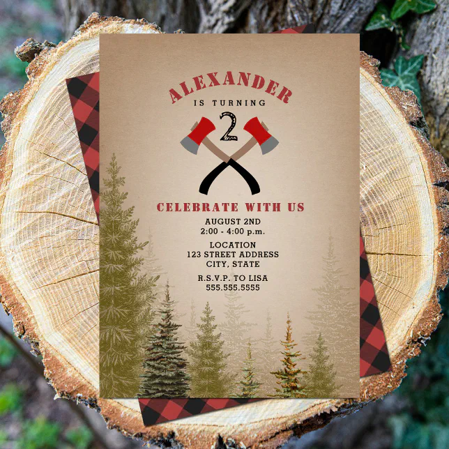 Evergreen Buffalo Plaid Axe Lumberjack Birthday Invitation | Zazzle