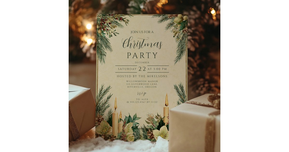 Evergreen Candlelight Christmas Party Invitation | Zazzle