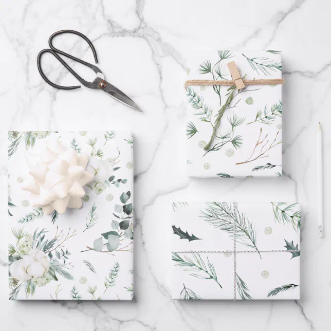 Evergreen & Cotton Flowers Elegant Wrapping Paper Sheets | Zazzle