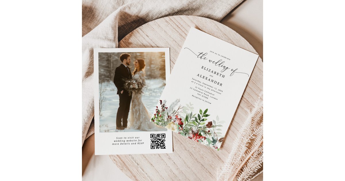 Evergreen elegant winter wedding QR code photo Invitation | Zazzle