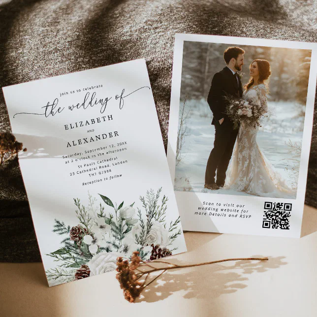 Evergreen elegant winter wedding QR code photo Invitation | Zazzle