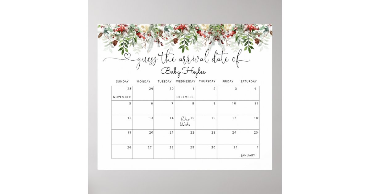 Evergreen Guess the due Date calendar Poster | Zazzle