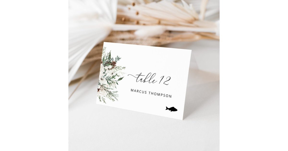 Evergreen modern Fish meal choice place cards | Zazzle