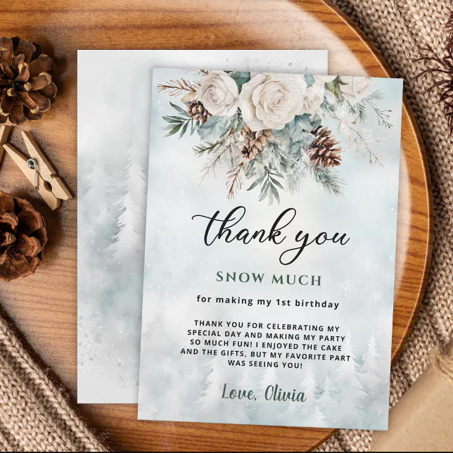 Evergreen Winter First Birthday Thank You Card | Zazzle