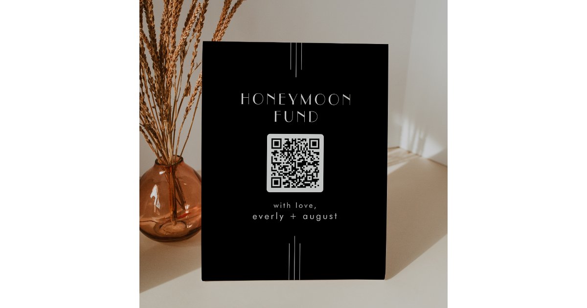 EVERLY Art Deco Black Wedding Honeymoon Fund Pedestal Sign | Zazzle