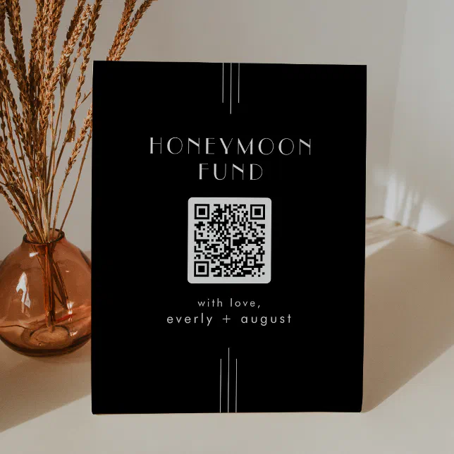 EVERLY Art Deco Black Wedding Honeymoon Fund Pedestal Sign | Zazzle