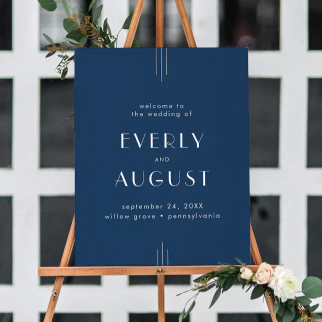 EVERLY Art Deco Navy Blue Wedding Welcome Sign | Zazzle