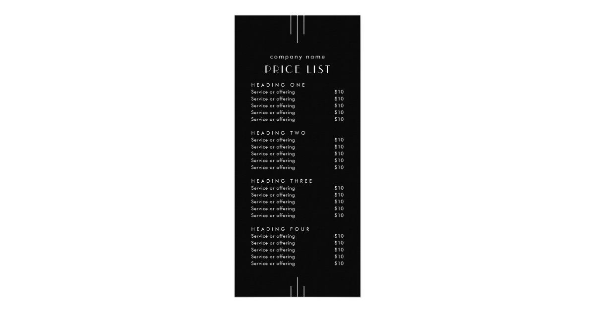 EVERLY Dark Black Double Sided Business Price List Rack Card | Zazzle