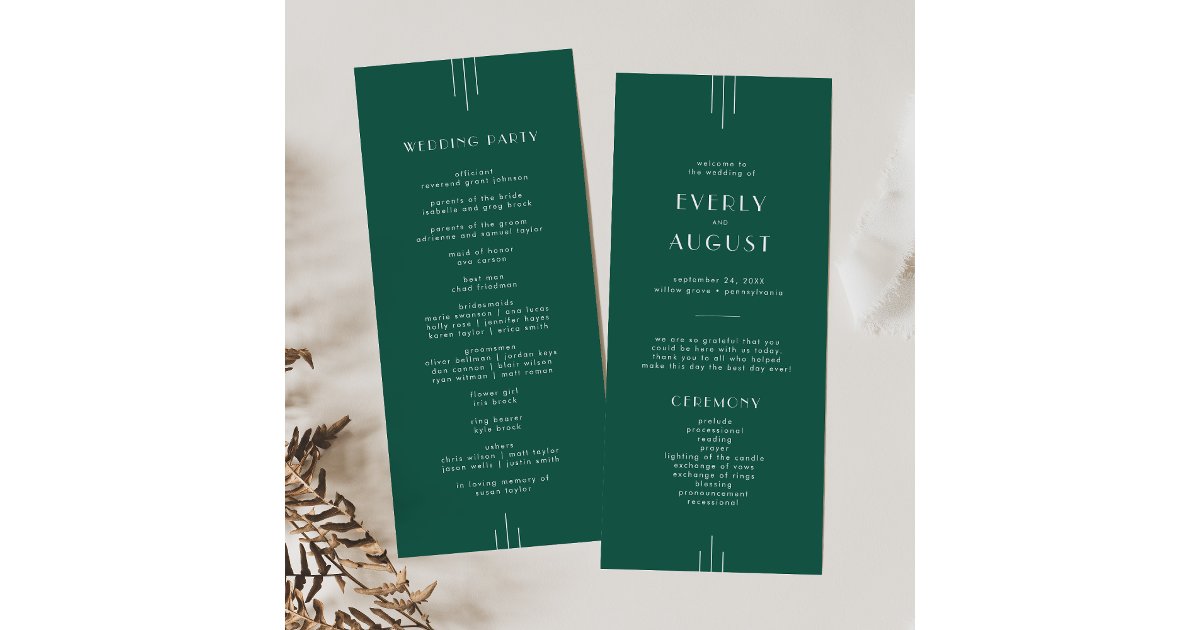 EVERLY Jewel Tone Art Deco Emerald Green Wedding Program | Zazzle