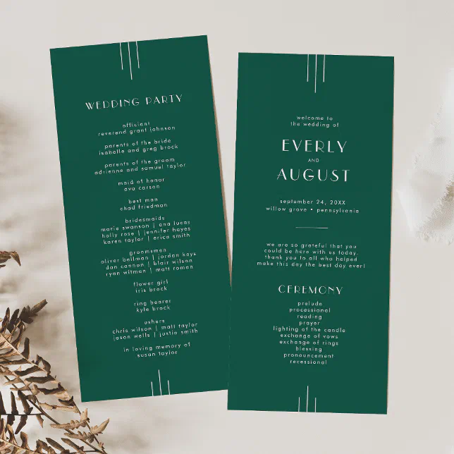 EVERLY Jewel Tone Art Deco Emerald Green Wedding Program | Zazzle
