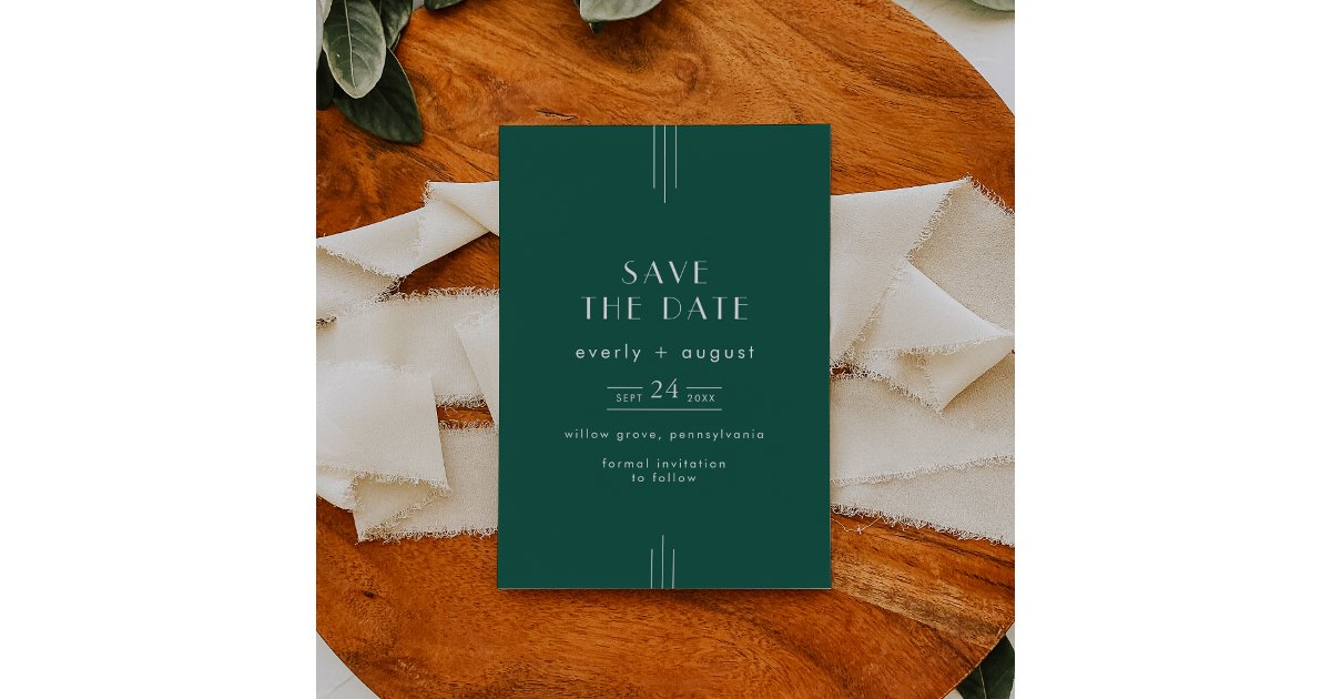 EVERLY Jewel Tone Art Deco Emerald Green Wedding Save The Date | Zazzle