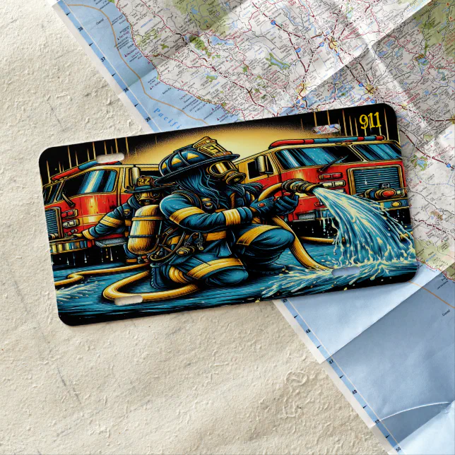 Everyday Heroes Firefighter Sprinkling Water License Plate | Zazzle