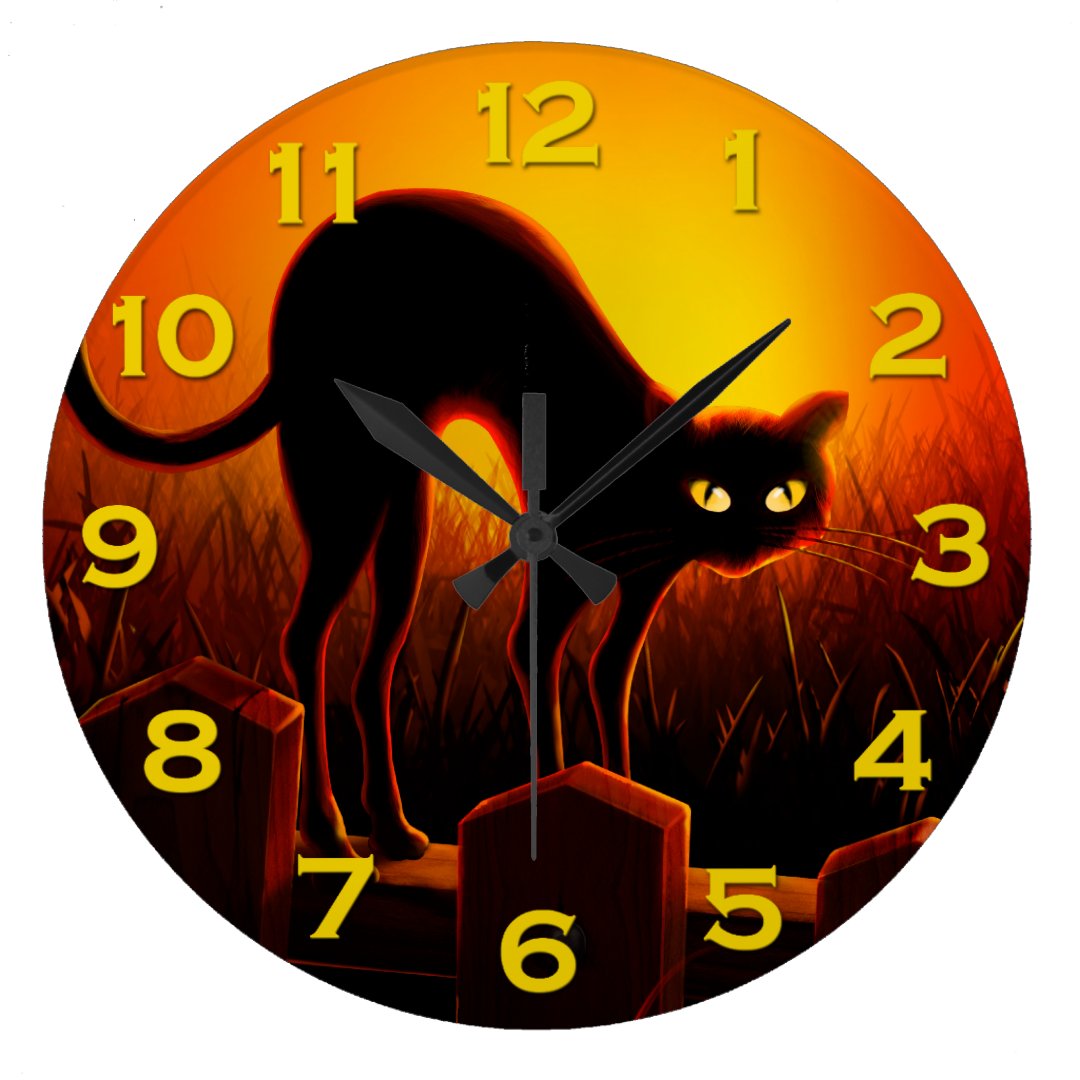 Evil Halloween Black Cat Glowing Eyes Wall Clock | Zazzle