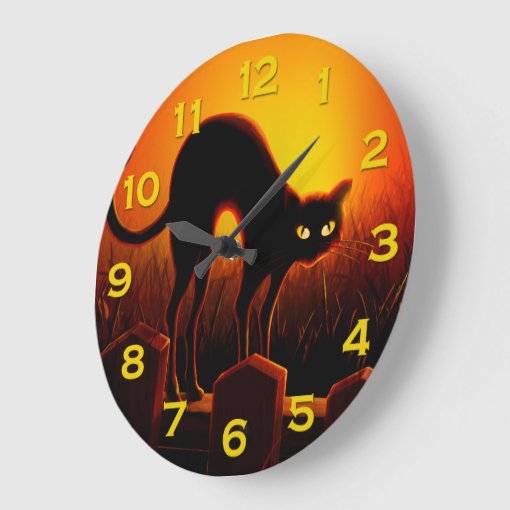 Evil Halloween Black Cat Glowing Eyes Wall Clock | Zazzle
