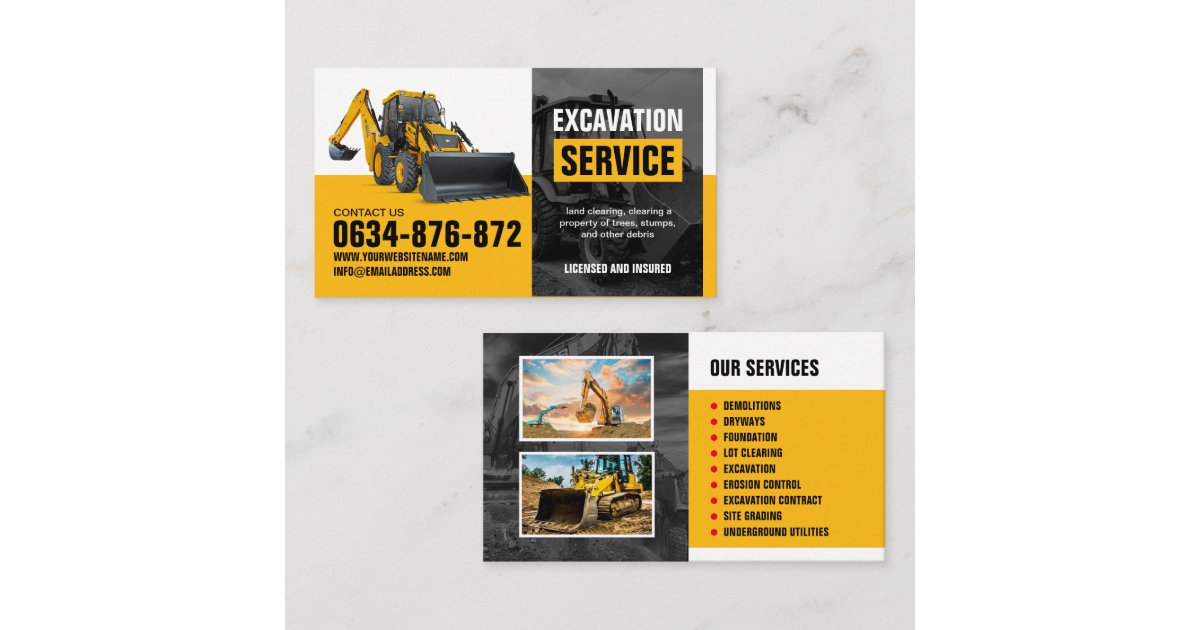 Excavating, Land clearing, Construction Business Card | Zazzle