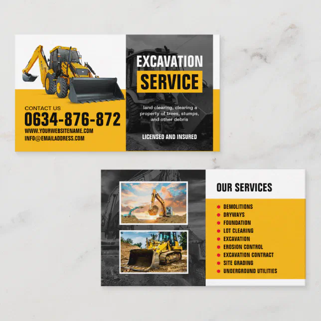 Excavating, Land clearing, Construction Business Card | Zazzle