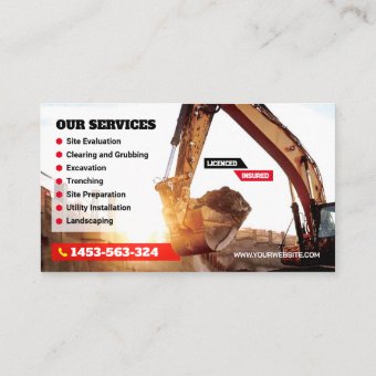 Excavating, Land clearing, Construction, Excavator Business Card | Zazzle