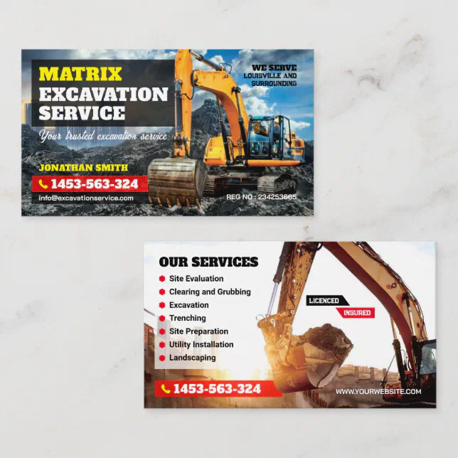 Excavating, Land clearing, Construction, Excavator Business Card | Zazzle