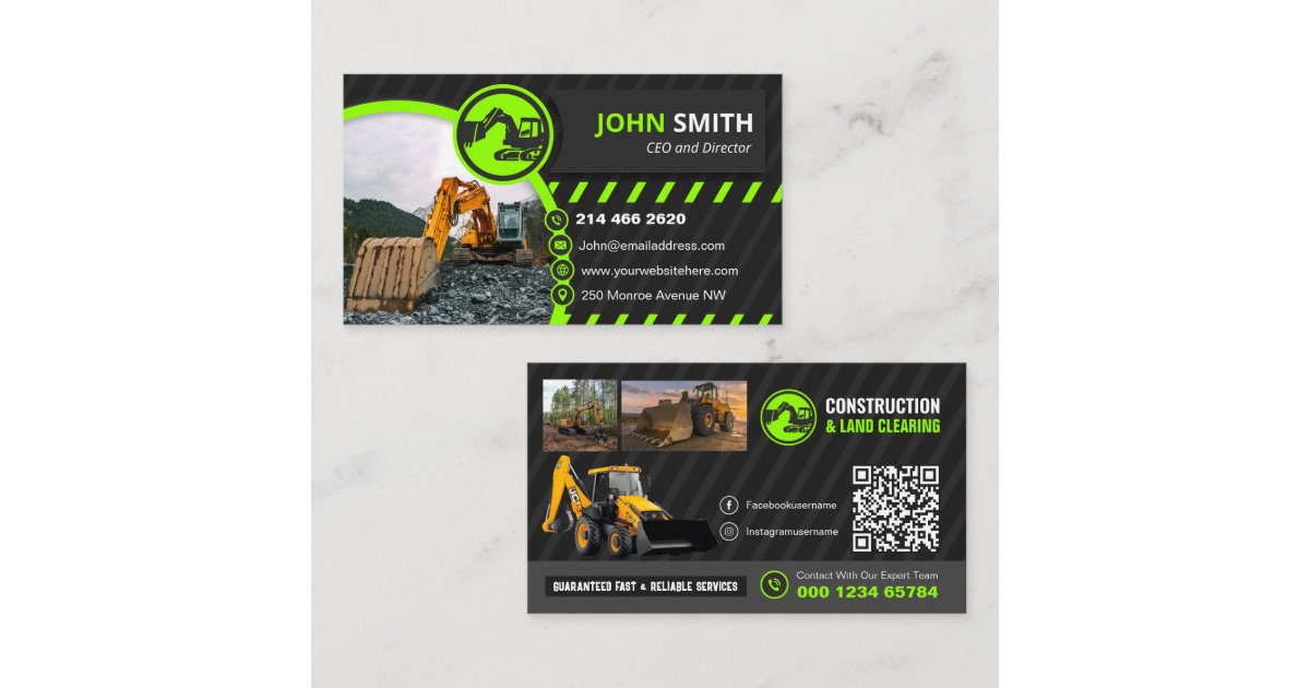 Excavating, mulching, land clearing, Construction Business Card | Zazzle
