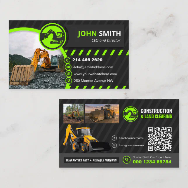 Excavating, mulching, land clearing, Construction Business Card | Zazzle