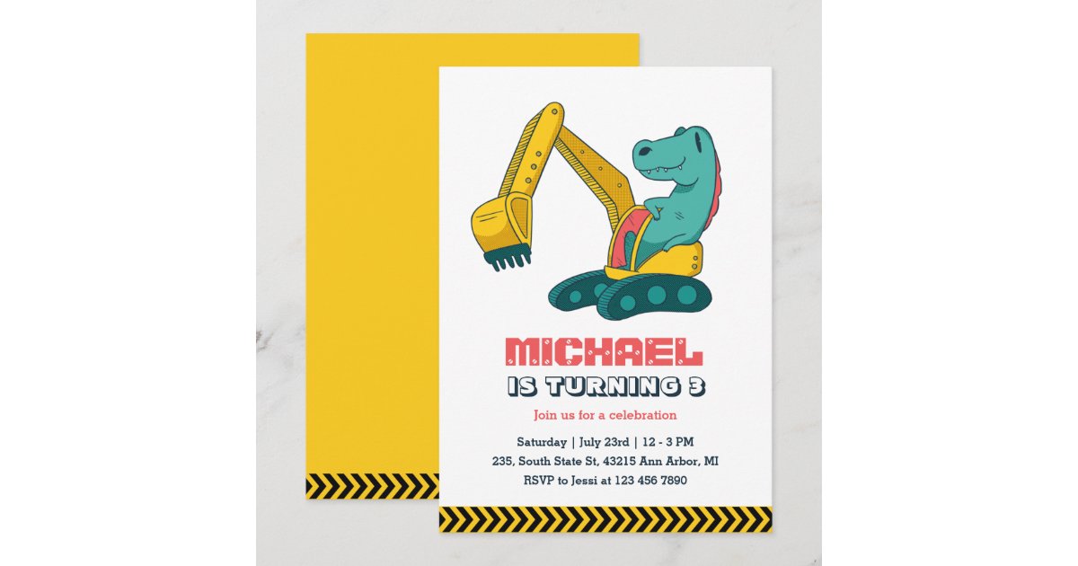 Excavator Builder Construction Dino Kids Birthday Invitation | Zazzle