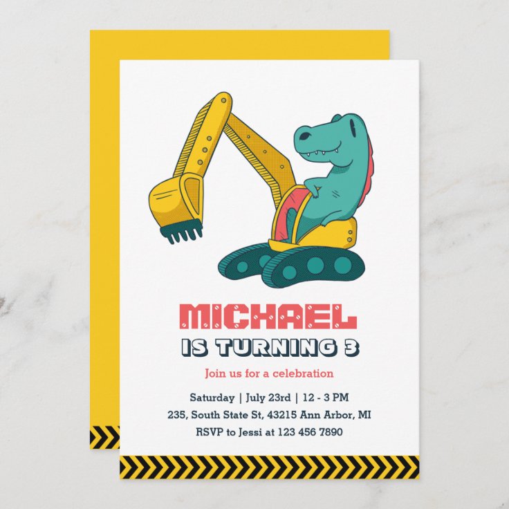 Excavator Builder Construction Dino Kids Birthday Invitation | Zazzle