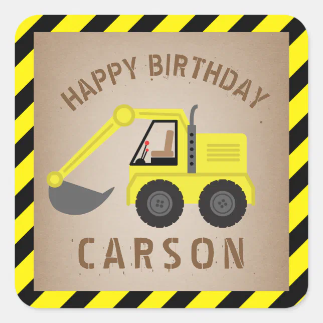 Excavator Construction Birthday Square Sticker | Zazzle