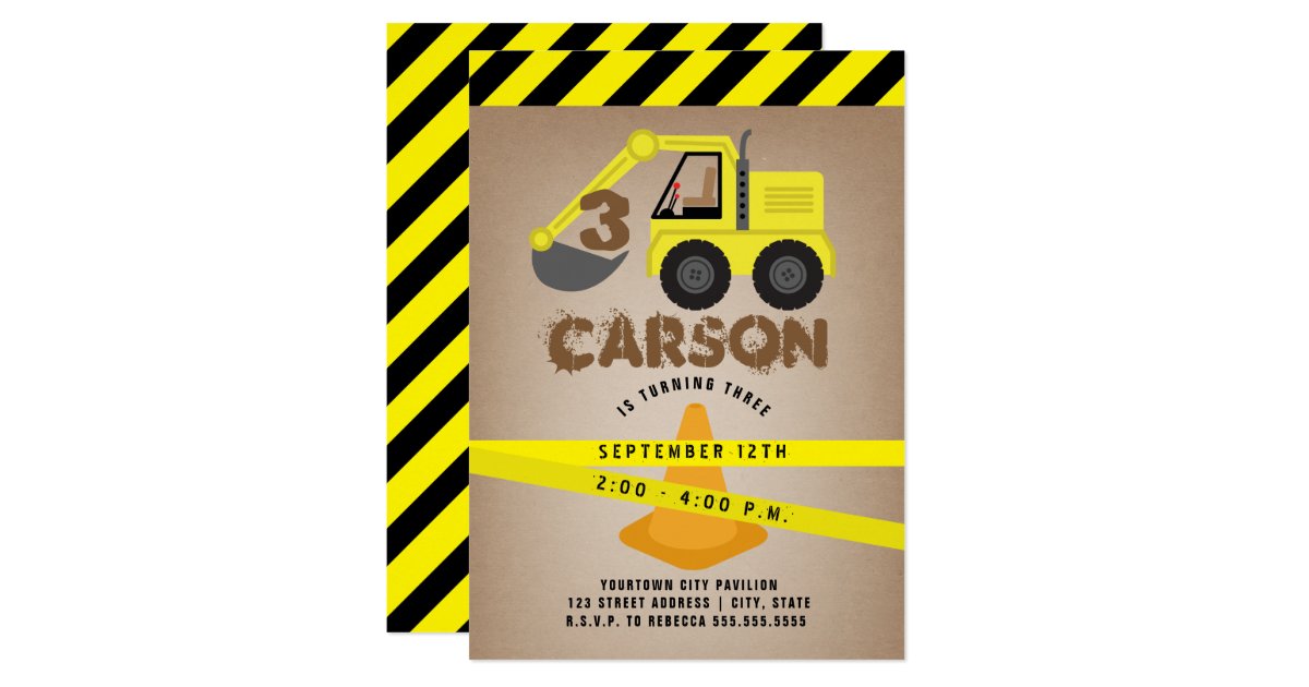 Excavator Construction Cone Kids Birthday Invitation | Zazzle.com